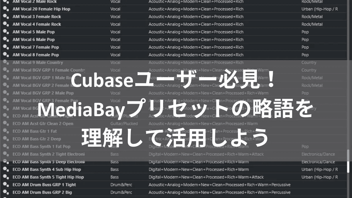 Cubaseユーザーの皆さん、MediaBayのプリセット名に使われる略語の意味をご存知ですか？これらを理解することで、音楽制作の効率が大幅に向上します。 https://www ...
