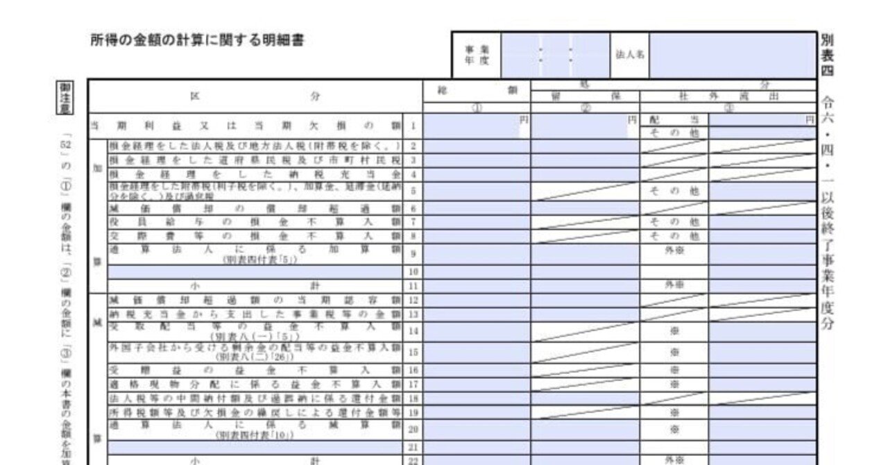 【入力用pdf】別表四 所得の金額の計算に関する明細書令和6年4月1日以後終了事業年度分|hayama【確定申告用の様式販売】