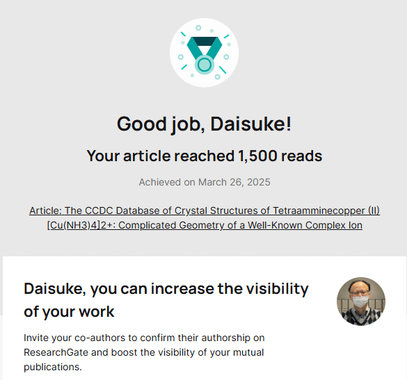Good job, Daisuke! Your article reached 1,500 reads The CCDC database of Crystal Structures of ...