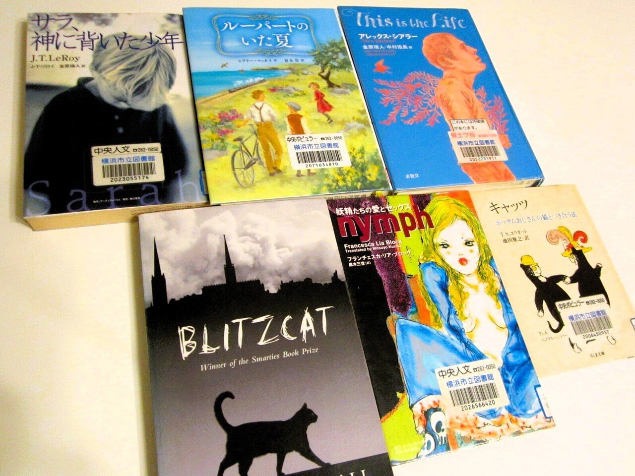 いま借りている本。ウェストール『BLITZCAT』（『猫の帰還』の原書）、ブロック『妖精たちの愛とセックス』、エリオット『キャッツ ポッサム ...