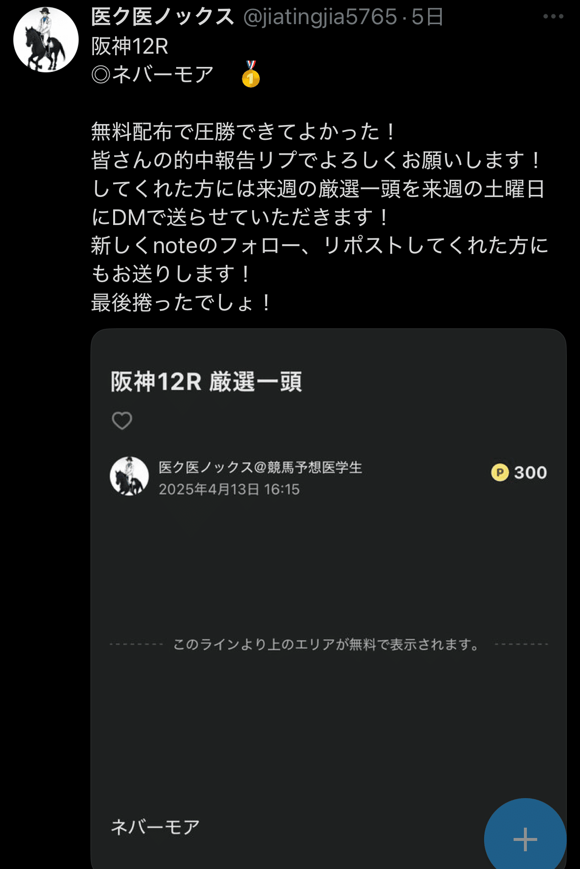 阪神12R 中山12R 福島12R 厳選一頭｜医ク医ノックス＠競馬予想医学生