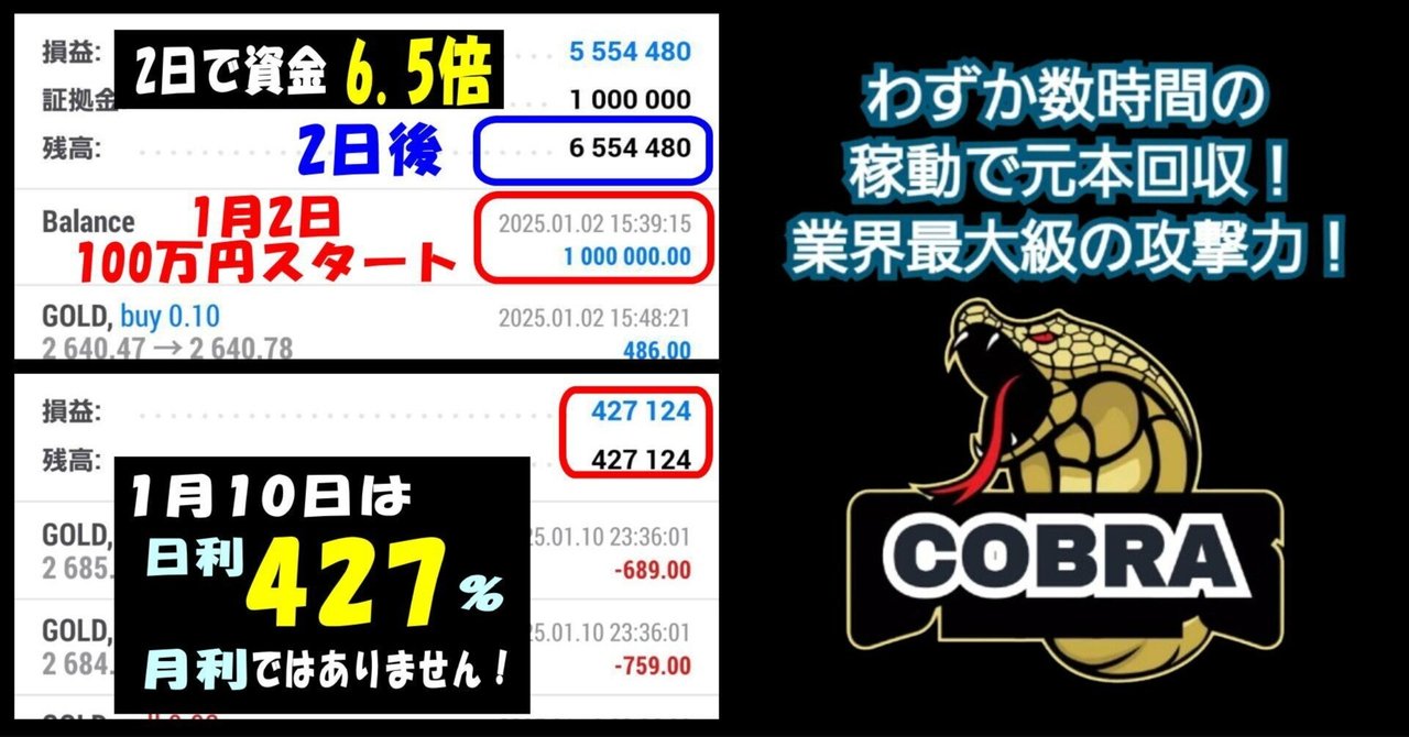 【COBRA】たった2日で資金6.5倍☆日利427%などCOBRA-GOD｜てんくう@FX自動売買EA開発者