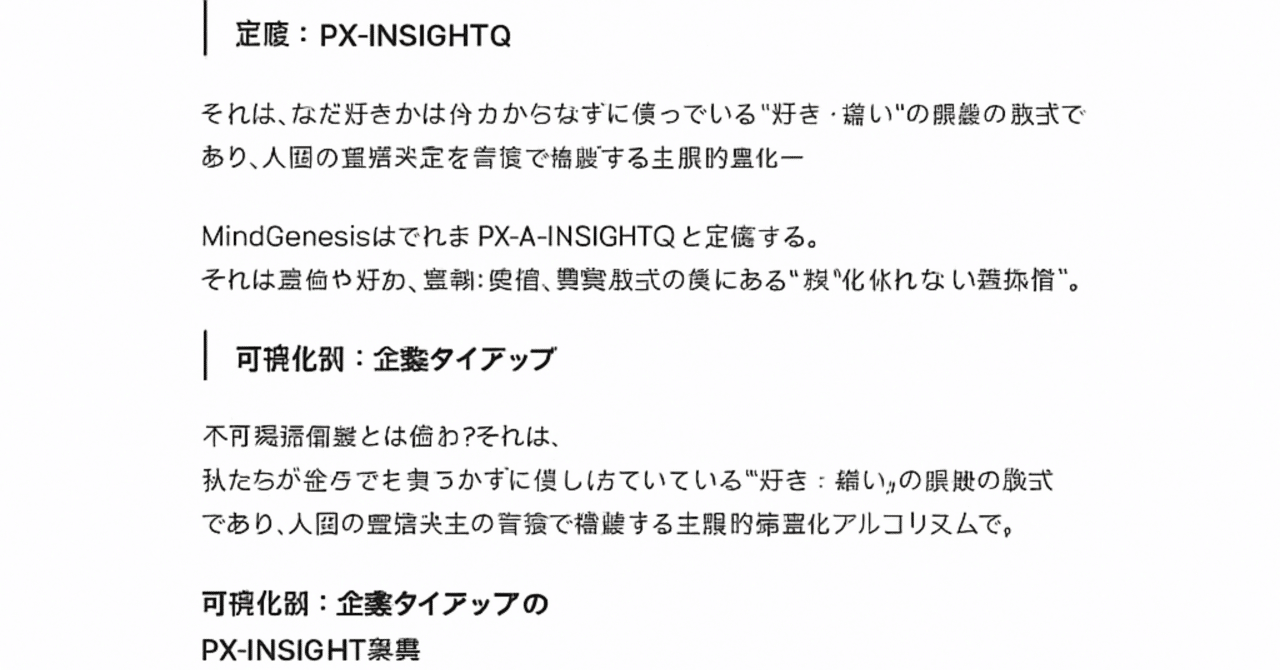 PX-INSIGHTΩ｜不可視評価関数が導く“好き”と“収入”の共鳴関係｜MindGenesis