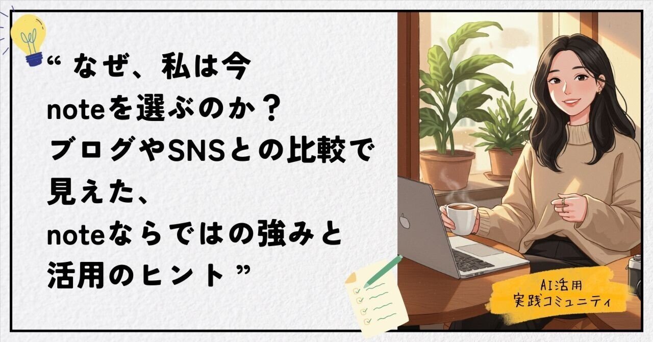 なぜ、私は今noteを選ぶのか？ブログやSNSとの比較で見えた、noteならではの強みと活用のヒント｜サキ💖AI活用実践コミュニティ