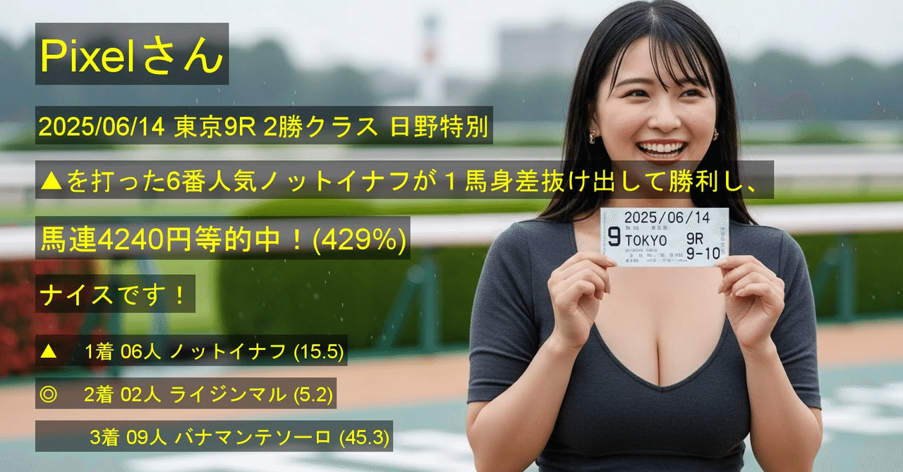 🎯Pixelさん🎯 、東京9R 2勝クラス 日野特別、馬連4240円等的中！(429%)ナイスです👏｜POG-INFO