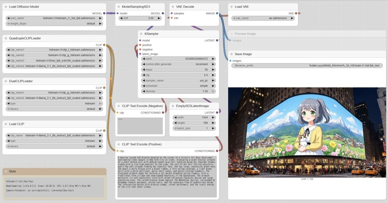 ComfyUIでFP8版のHiDream-I1を試す（要VRAM 16GB）｜まゆひらa