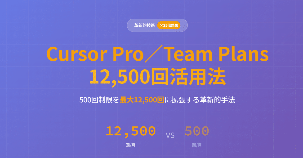 「Cursor Pro／Teams 500回制限を最大12,500回にする方法 - 元の月額で25倍の価値を手に入れる秘密」｜aisheng.yu