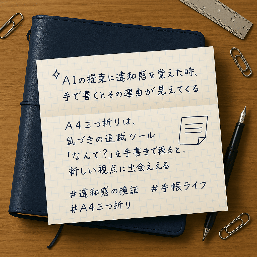 AIの提案に違和感を覚えた時、手で書くとその理由が見えてくる📄 A4三つ折りは、気づきの追試ツール──「なんで？」を手書きで探ると、新しい視点に出会える #トラベラーズノート #手帳ライフ ...