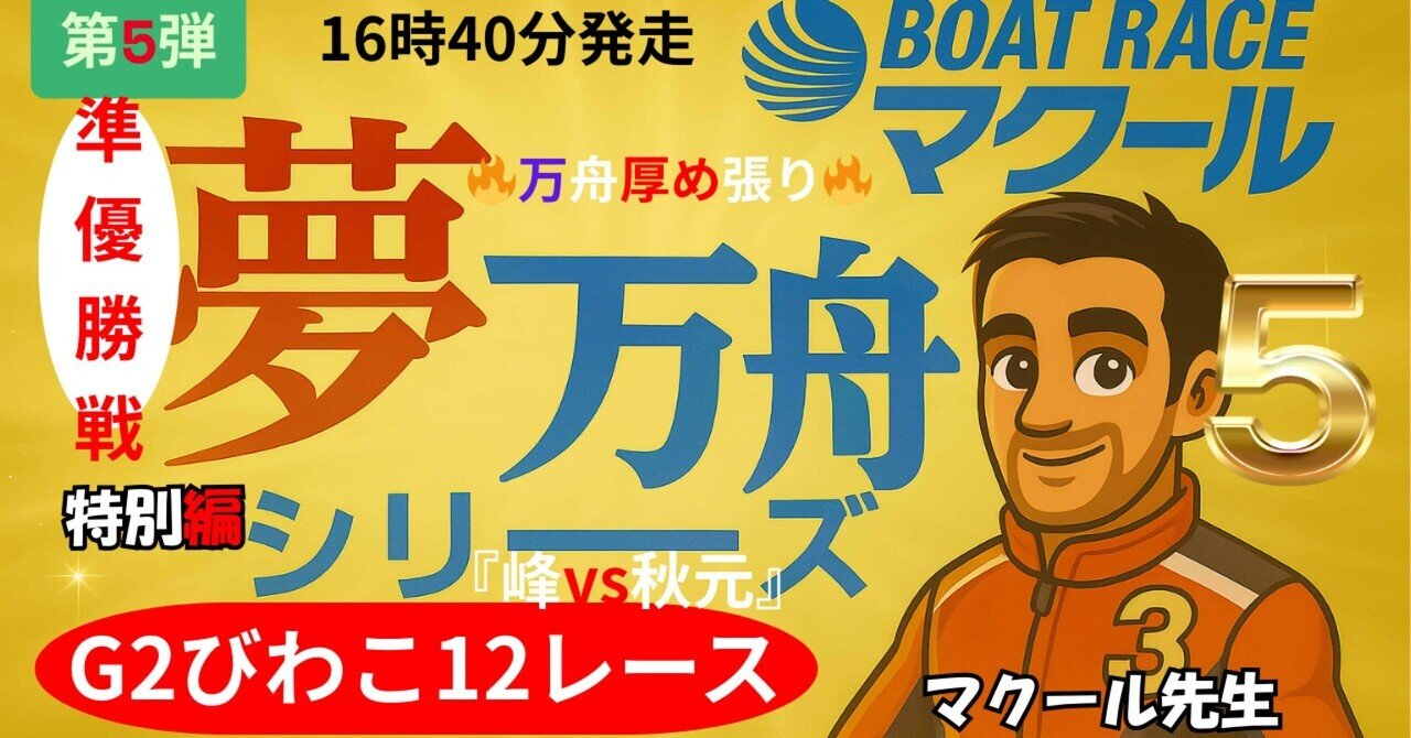 🎯【特別編🔥夢万舟シリーズ第5弾】📍びわこ12R 準優勝戦｜G2戦‼️🕓16:40発走🔥「峰竜太 vs 秋元哲」夢対決🔥ここは、夢を見れる構成で高配当狙い‼️マクール先生、魂込めていきます‼️ ...