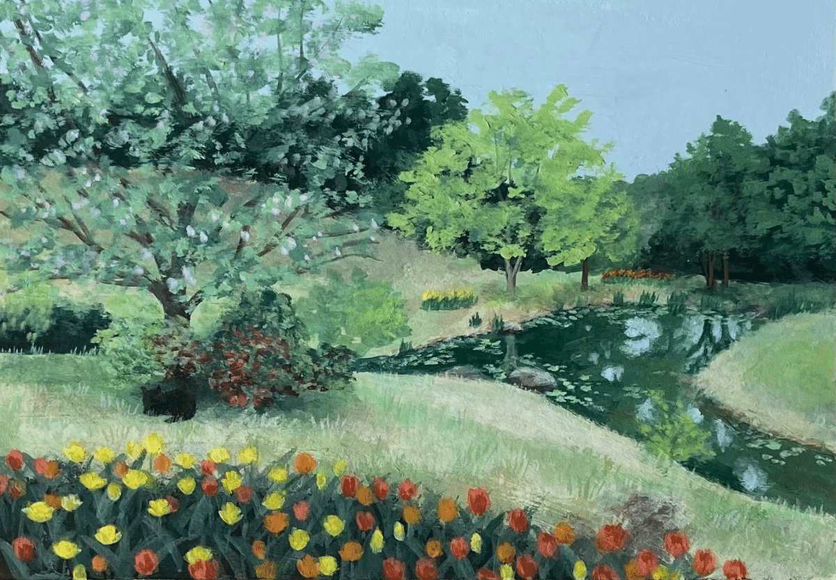 アクリル画の作品紹介『終わる桜と猫の庭』｜huruike_momoka