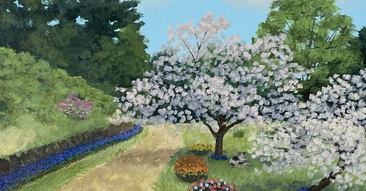 アクリル画の作品紹介『ムスカリの川』｜huruike_momoka