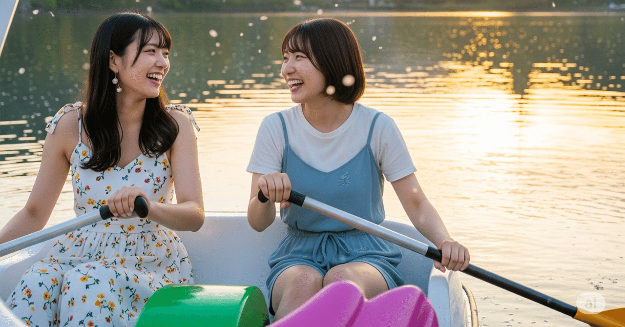 足漕ぎボートではしゃぐ美女｜zerozero_x