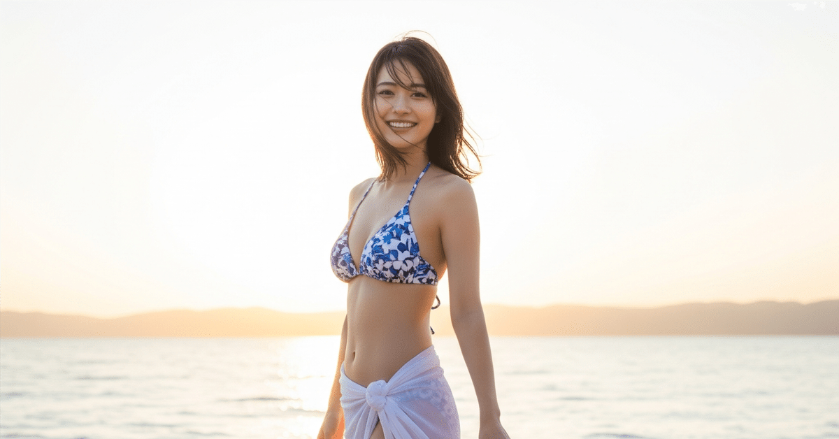 湖の水辺の砂浜を裸足で歩く美女｜zerozero_x