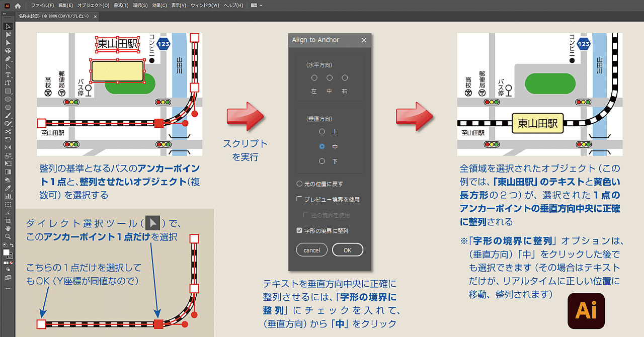 Illustrator「1点のアンカーポイントを基準に、その他のオブジェクトを整列できる」スクリプト｜DTP Script note