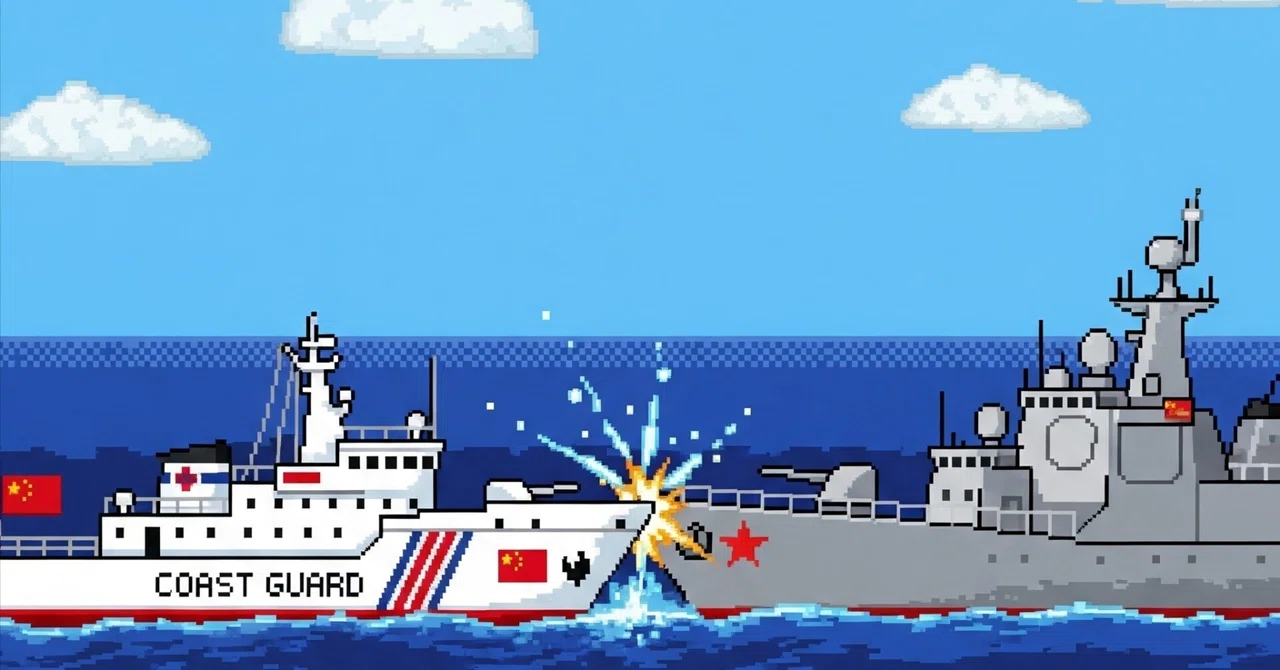 中国海警局の巡視船（CCG-3104）がフィリピン沿岸警備隊の船（BRPスルアン）を高速で追跡中、突然中国人民解放軍海軍（PLAN）の艦艇 ...