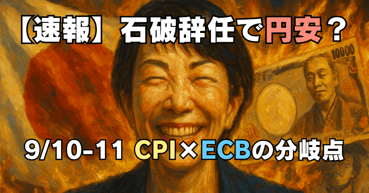 石破首相辞任と高市早苗新首相観測で円安加速？米8月CPI・ECB・FOMC前のドル円・ユーロドル見通し/9月8日｜往復びん太＠FXアライ軍
