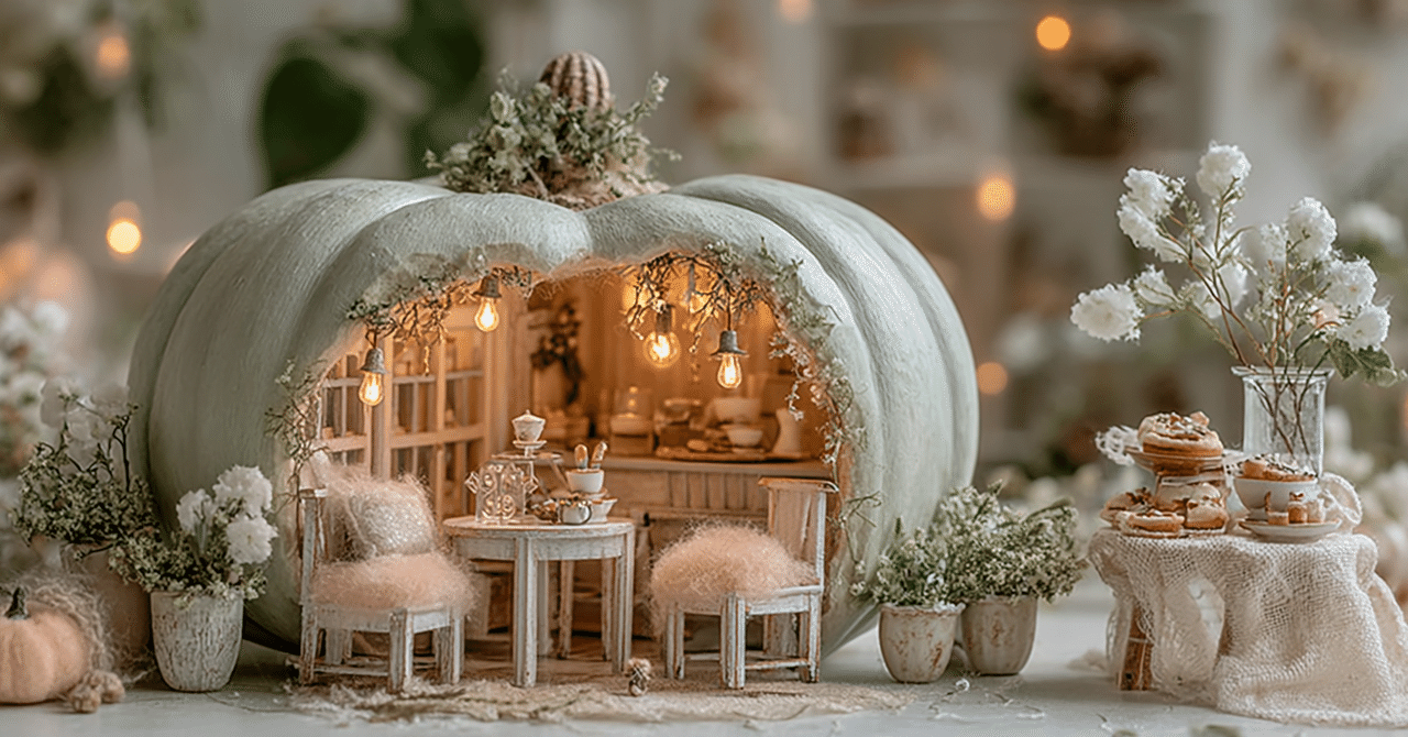 🎃 かぼちゃの中の小さなカフェへようこそ ― ミニチュアで描く幻想の空間｜Yoshimi🐾幻想AIアートクリエイター🐾