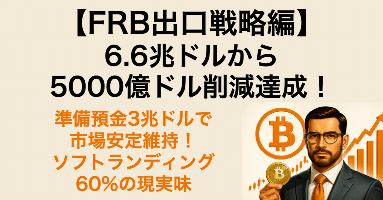 📘【FRB出口戦略編】6.6兆ドルから5000億ドル削減達成！準備預金3兆ドルで市場安定維持！ソフトランディング60%の現実味｜ビットコイン一本リーマン