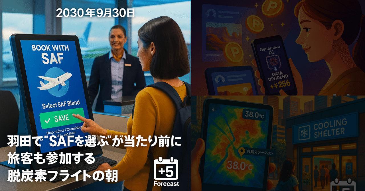 2030年9月30日｜羽田で“SAFを選ぶ”が当たり前に－旅客も参加する脱炭素フライトの朝｜5年後の今日｜+5 Forecast｜5年後の“今日”を先読みするメディア