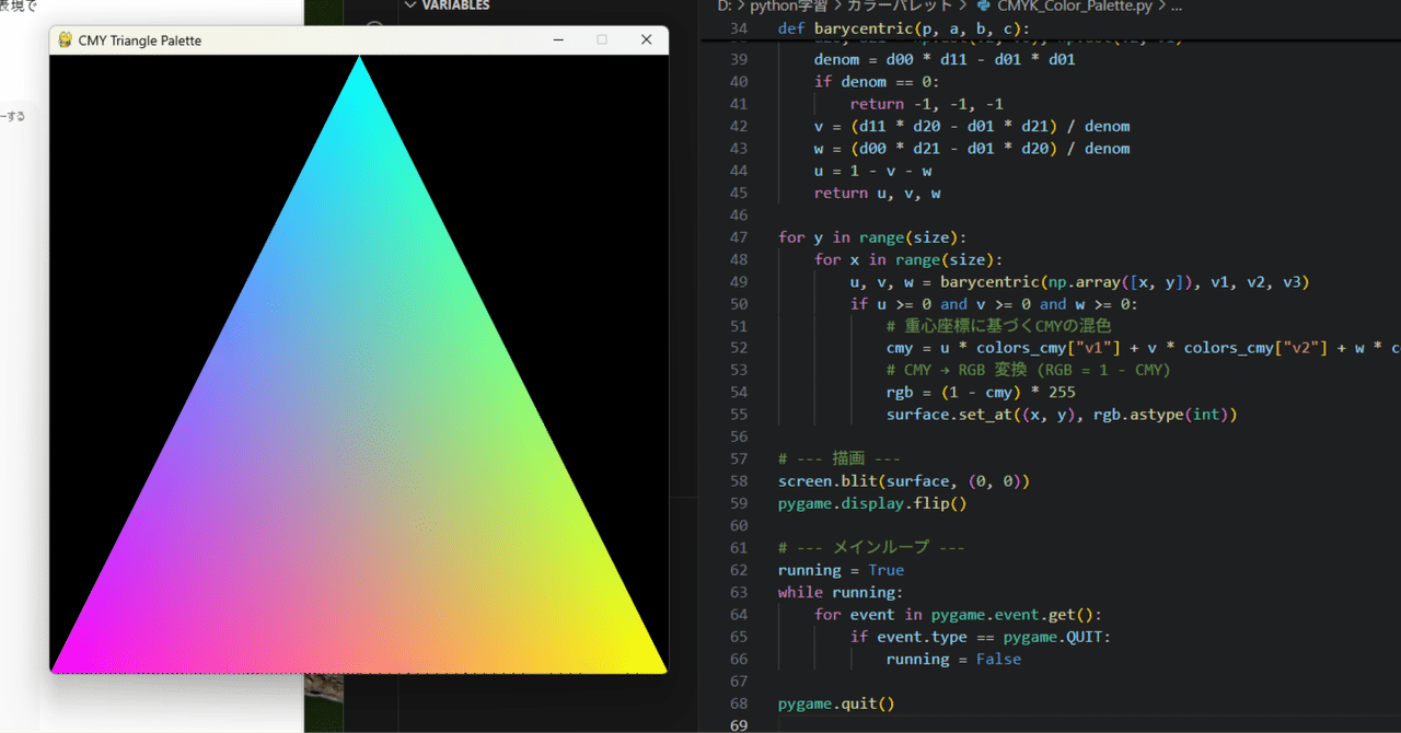 640x640 のウインドウに、シアン(Cyan)、マゼンタ(Magenta)、イエロー(Yellow)を頂点に持つ正三角形のカラーパレットを ...