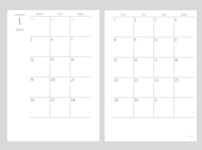 【フリーダウンロード】A6サイズのマンスリー 2026年 手帳リフィル｜saki_note