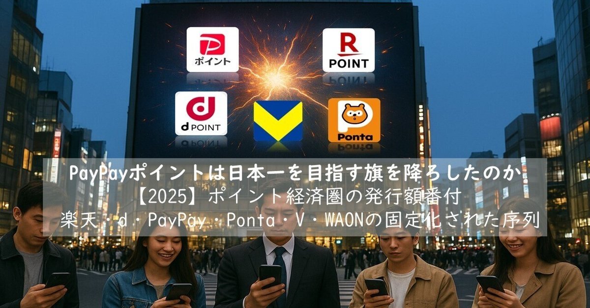 PayPayポイントは日本一の旗を降ろしたのか【2025】ポイント経済圏の発行額番付（楽天・d・PayPay・Ponta・V・WAONの序列）｜マーケティング視点で読解力を高めるノート