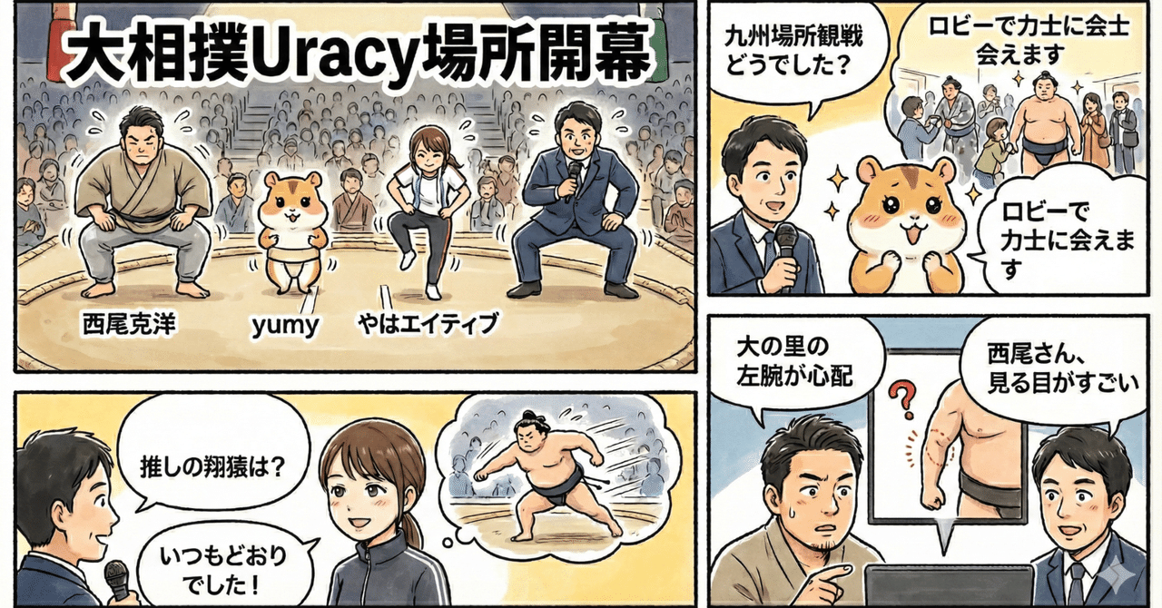 【マンガ】開幕！大相撲Uracy11月場所！初めての観戦に向けてコツは？｜パパ丸山 | Voicyパーソナリティ | 時間と場所を共有するイベントUracy 主催