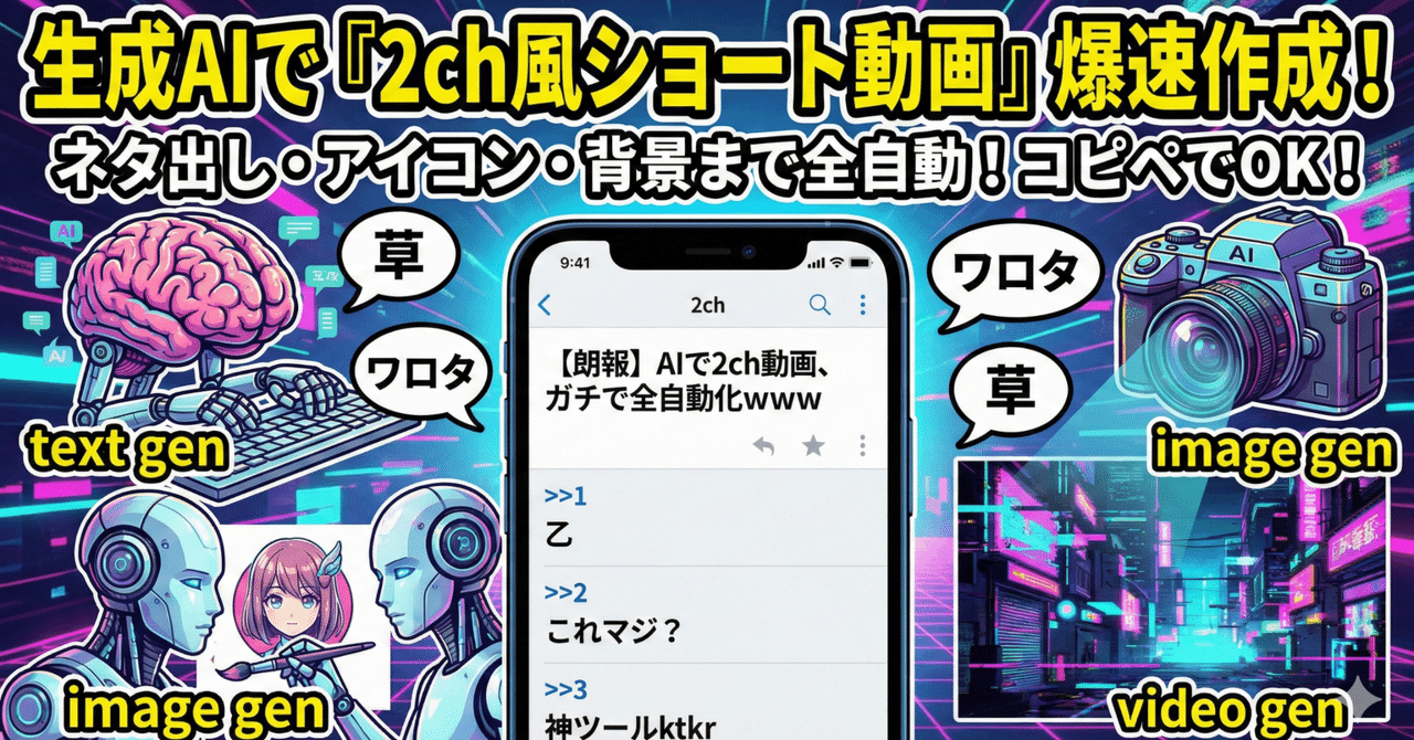 【コピペでOK】生成AIで「2ch風ショート動画」を爆速で作る方法！ネタ出しから動画背景まで全自動化計画｜null 作家