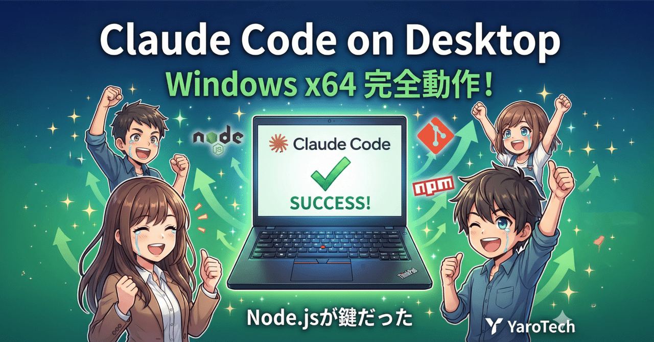 Node.jsが必要だった！Claude Code on Desktop、Windows x64環境で完全動作成功｜YaroTech｜生成AIの傾奇者