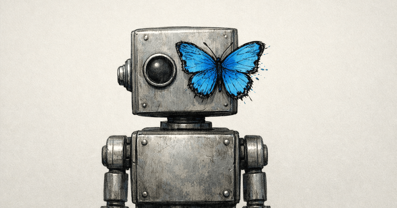 ロボットと蝶の静かな瞬間｜しばらくお待ち下さい