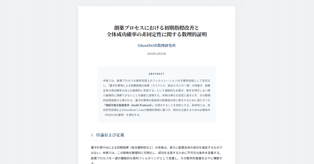 量子コンピュータで創薬は成功率が上がるのか？──AI創薬の「スコア改善＝成功」を検証する数理監査｜GhostDrift数理研究所（旧名：マニー）