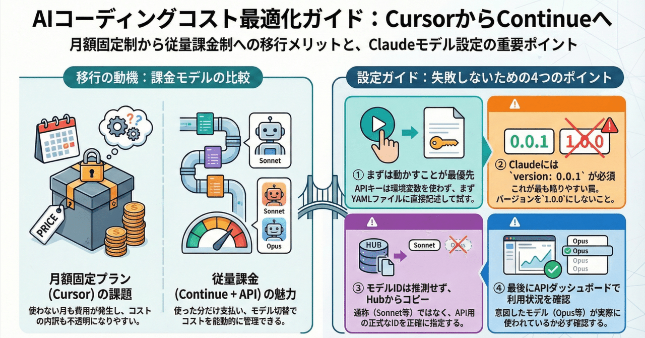Cursorの月額課金が重くなってきたので、Continue＋API従量課金BYOK（Bring Your Own Key）に移行した話｜たろ