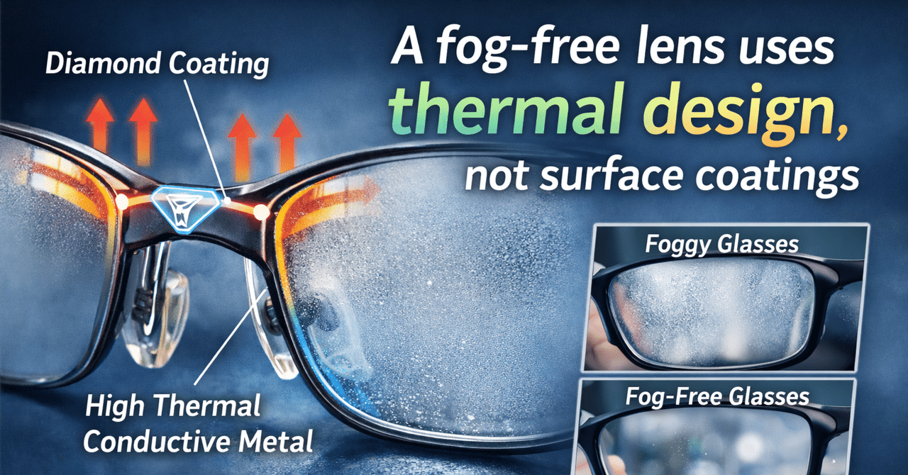 ダイヤモンドコーティング技術を使った曇らないメガネのアイデア――顔の熱を使い、ダイヤモンドと金属で温度ムラを消すという発想｜白石 僚也
