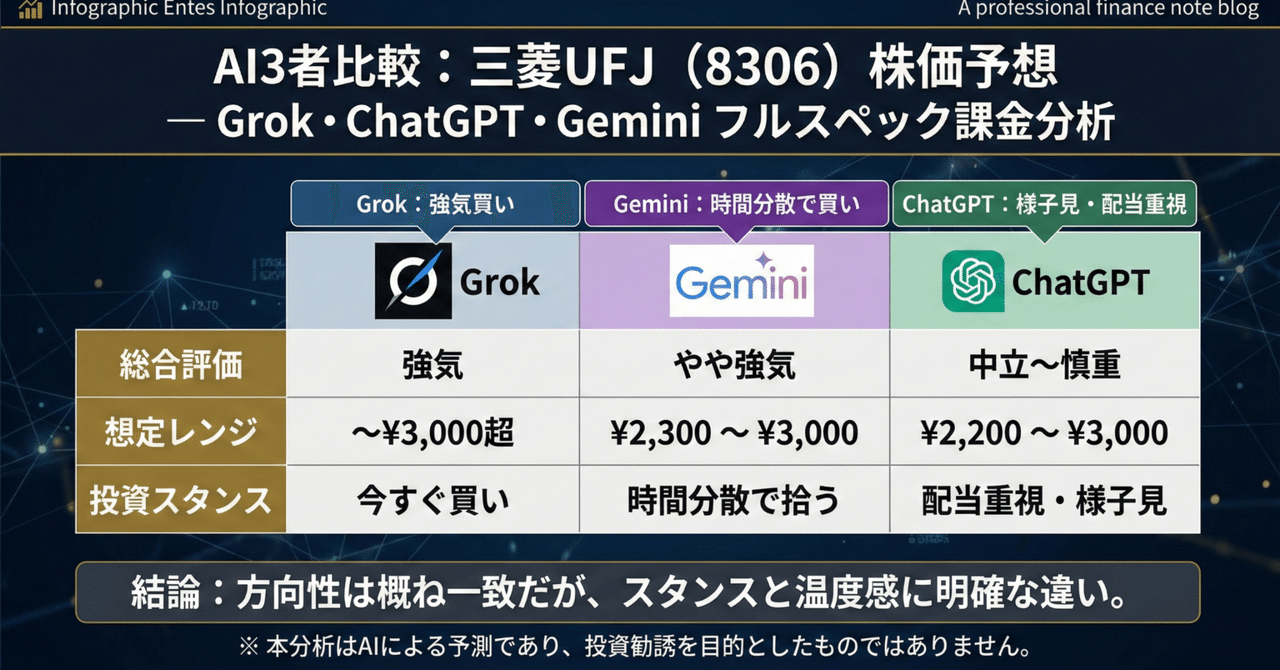 AI3社は三菱UFJ（8306）をどう見たか― Grok・ChatGPT・Gemini「フルスペック課金分析」の比較 ―｜高西俊輔＠金運をひたすら上げたい