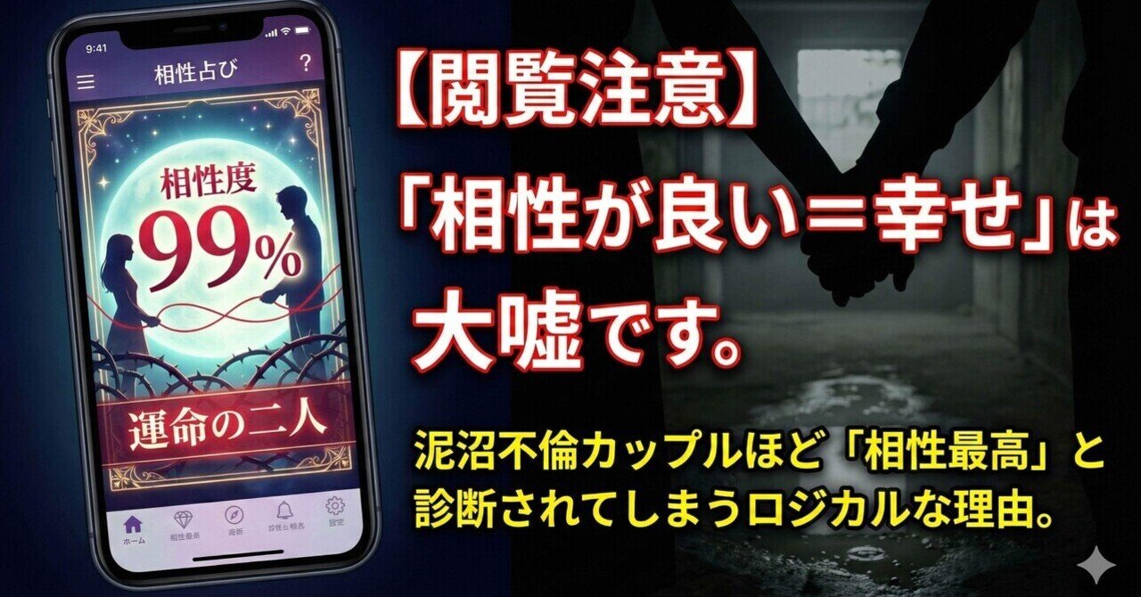 【閲覧注意】「相性が良い＝幸せ」は大嘘です。泥沼不倫カップルほど「相性最高」と診断されてしまうロジカルな理由。｜恋愛戦略家 suu