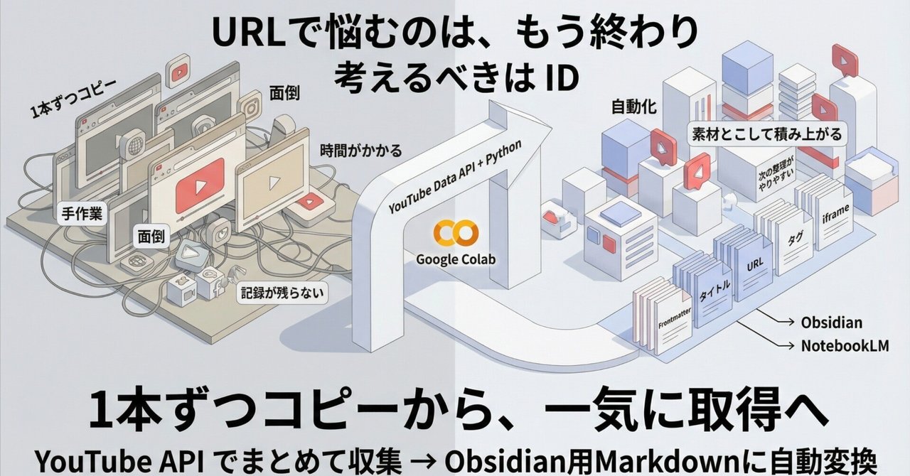 YouTube検索を「一気にObsidianに残す」：API×Python×Colabで“素材”を作る（実践編）｜栗のき