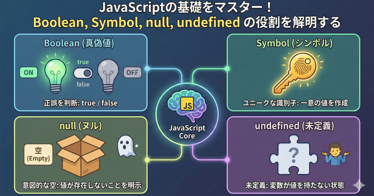 JavaScriptの基礎をマスター：Boolean, Symbol, null, undefined の役割を解明する｜エイじー