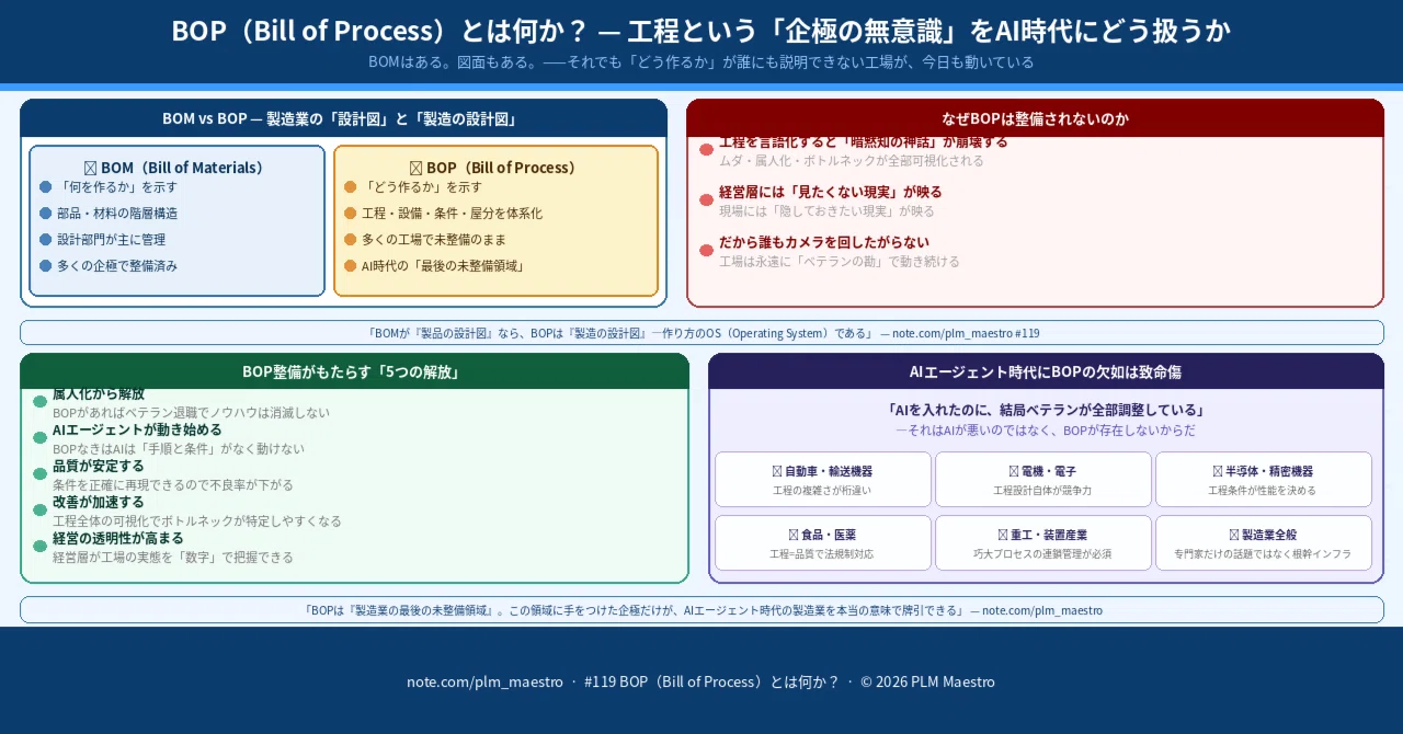 #119 BOP（Bill of Process）とは何か？ — 工程という「企業の無意識」をAI時代にどう扱うか｜PLMマエストロ