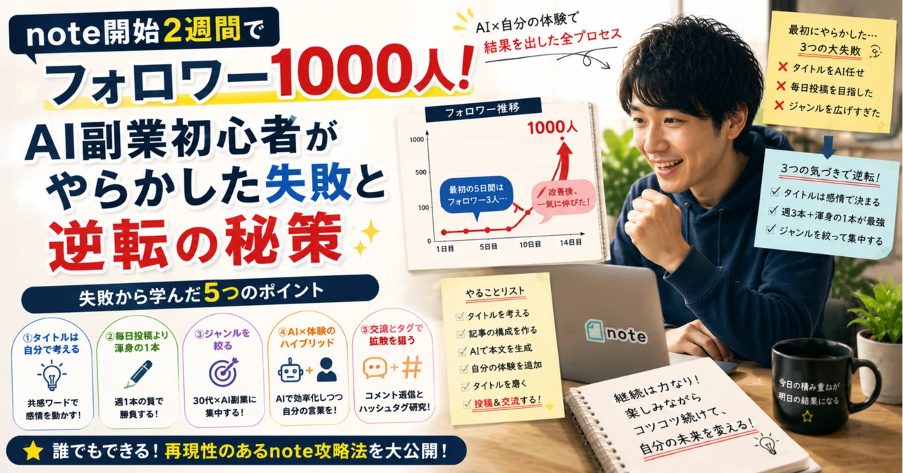note開始2週間でフォロワー1000人！AI副業初心者がやらかした失敗と逆転の秘策｜ひなた＠AI活用クリエイター｜フォロバ100