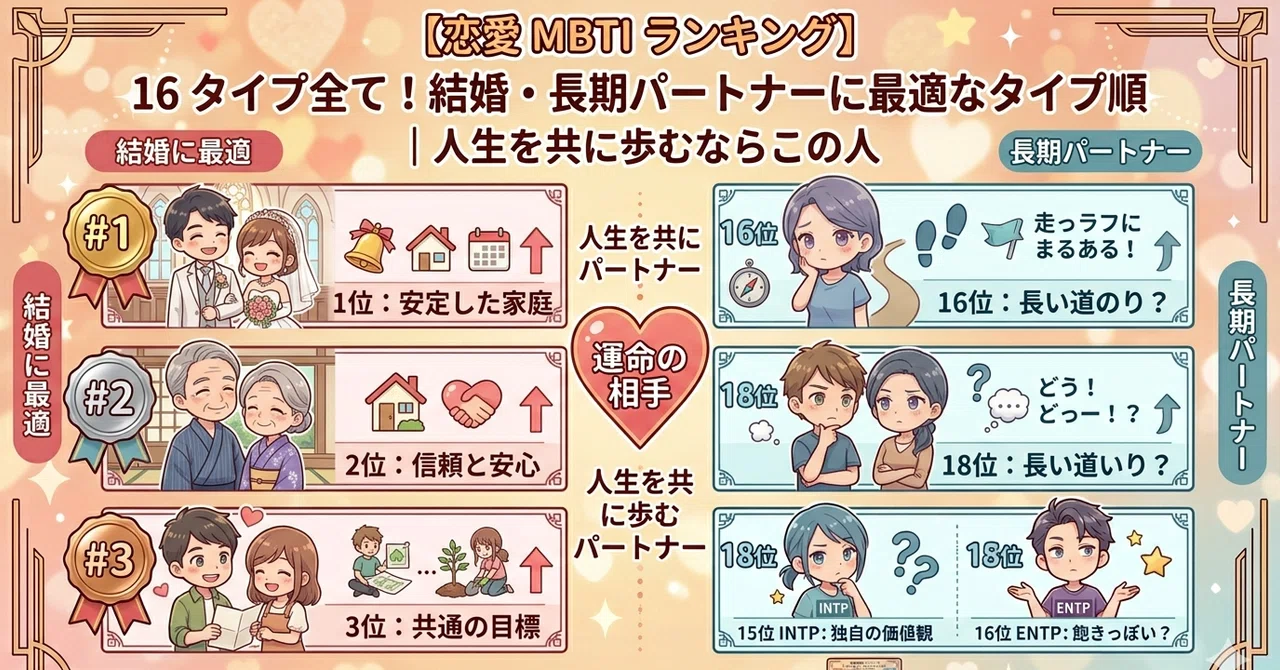 【恋愛 MBTI ランキング】16 タイプ全て！結婚・長期パートナーに最適なタイプ順｜人生を共に歩むならこの人｜INTJ 女の分析ノート