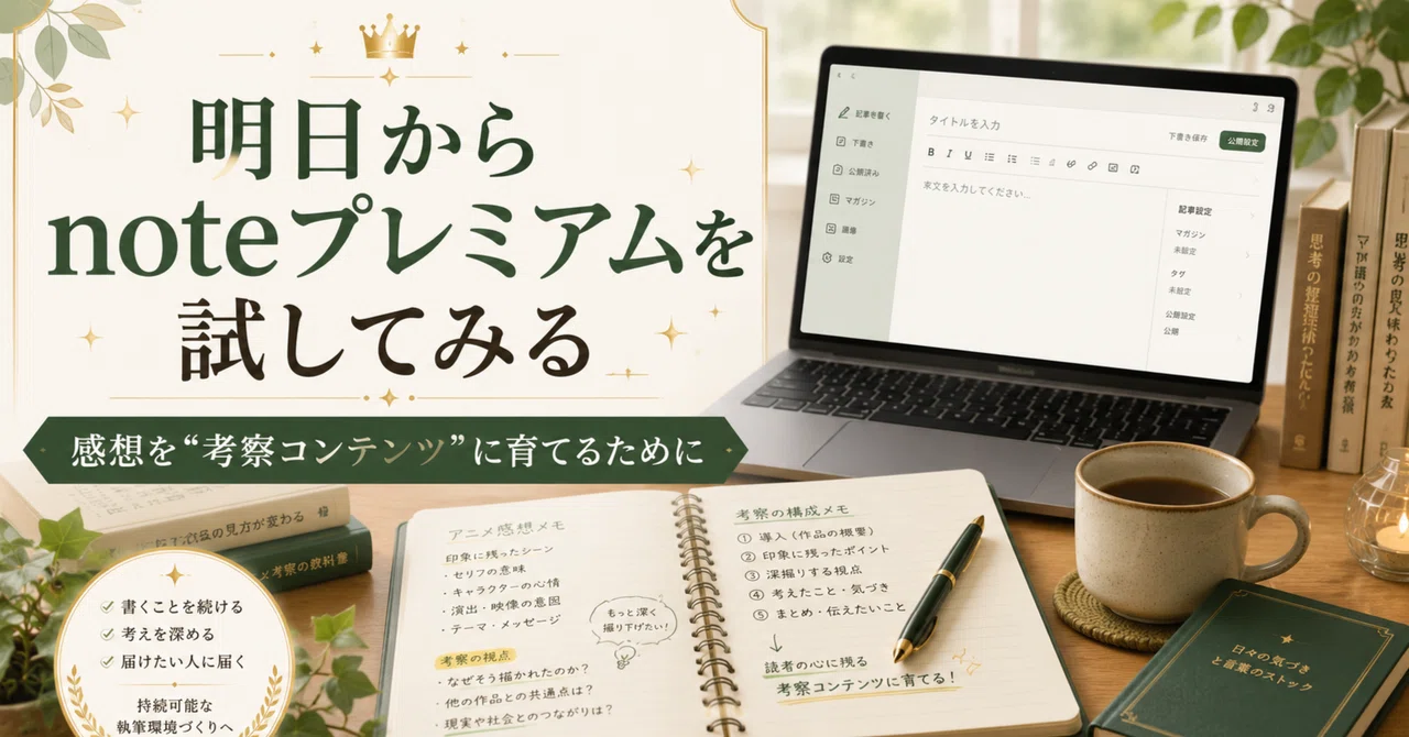 明日からnoteプレミアムを試してみます。感想を“考察コンテンツ”に育てるために｜夜乃よんびり