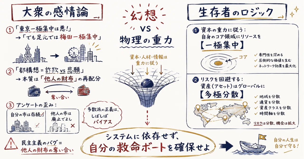 「多極成長」という幻想と、大阪都構想の二極対立。大衆の「さもしさ」と「一極集中」の重力力学を排し、システムの変化を自己の生存期待値に変える戦略 ...