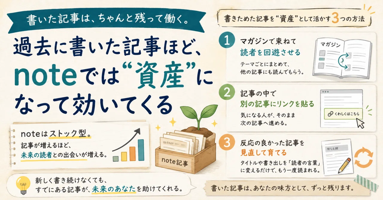 過去に書いた記事ほど、noteでは"資産"になって効いてくる｜なぎ｜経験を毎月の収入に変える