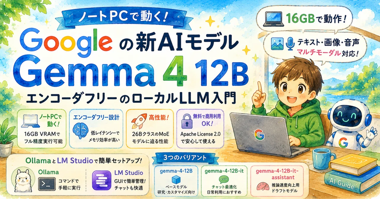 ノートPCで動くGoogleの新AIモデル「Gemma 4 12B」が公開！エンコーダフリーのローカルLLM入門｜しゃり