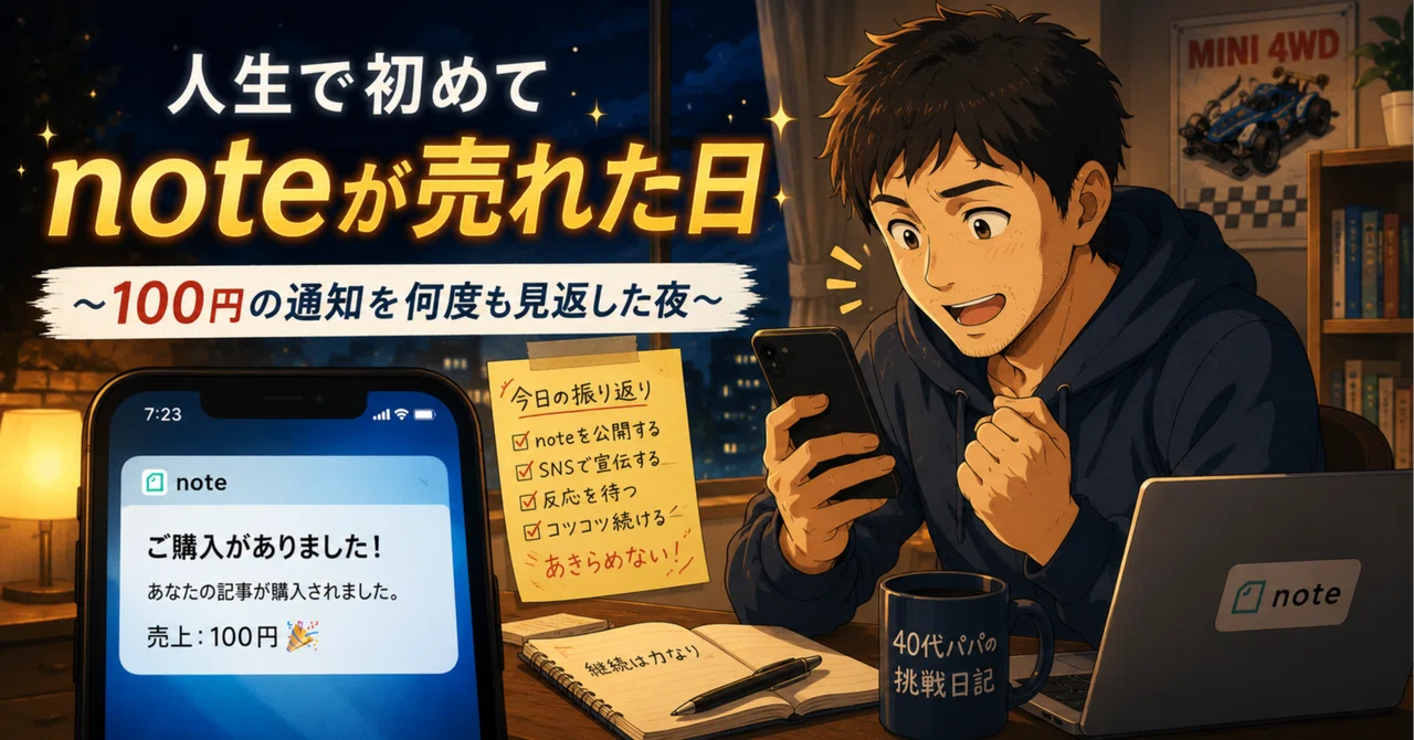 人生で初めてnoteが売れた日～100円の通知を何度も見返した夜～｜普通の40代パパが失敗しながら挑戦する物語