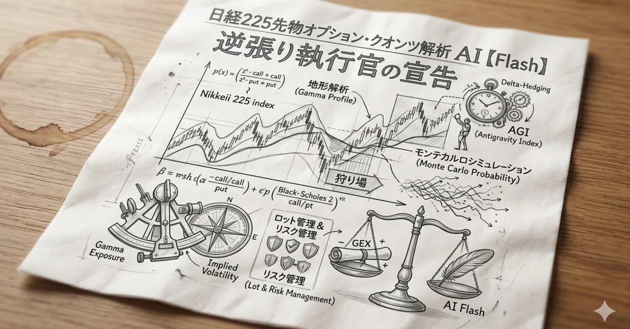 【225先物】押し待ち買い — 壁反発ロング【2026/6/8 ナイト EV:+463.8pt / RR:4.79】｜GEX-Ray