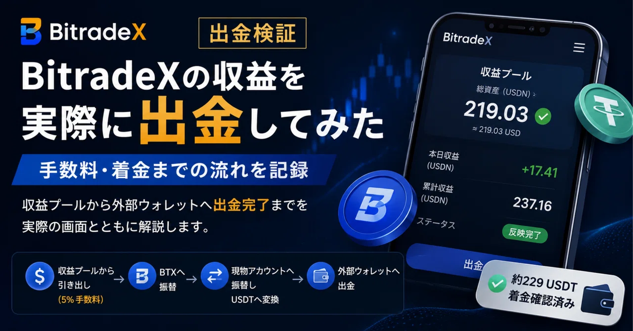 【出金検証】BitradeXの収益を実際に出金してみた｜手数料・着金までの流れをまとめてみた｜AI資産運用ラボ 暗号資産検証中