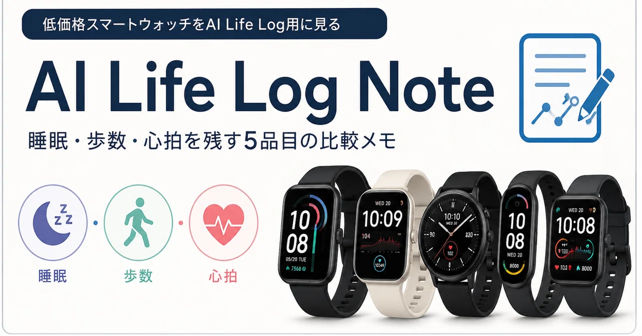 低価格スマートウォッチをAI Life Log用に見る。睡眠・歩数・心拍を残す5品目の比較メモ｜AI Life Log