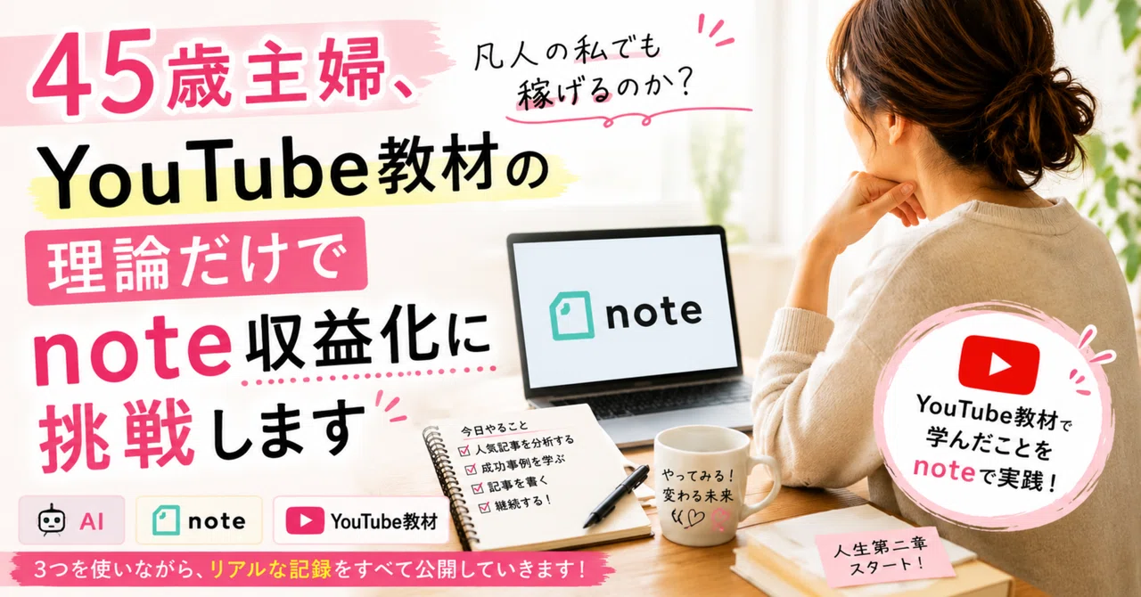 45歳主婦、YouTube教材の理論だけでnote収益化に挑戦します｜凡人代表｜副業実験