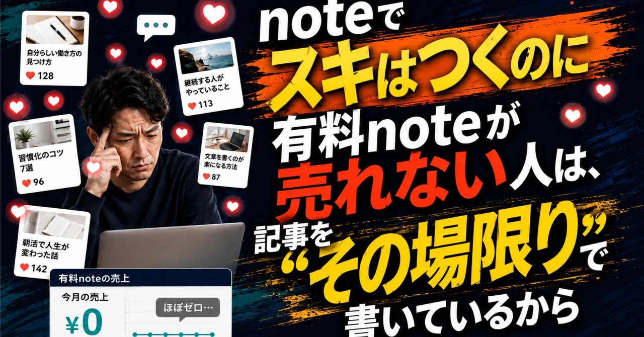 noteでスキはつくのに有料noteが売れない人は、記事を“その場限り”で書いているから｜ともしん｜noteとコンテンツビジネスで生計を立てる専門家